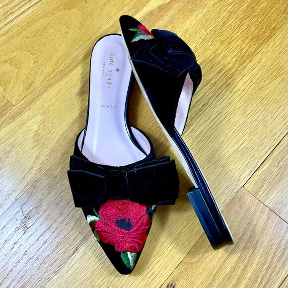kate spade | Shoes | Kate Spade Mules Black Velvet Bow Red Floral ...